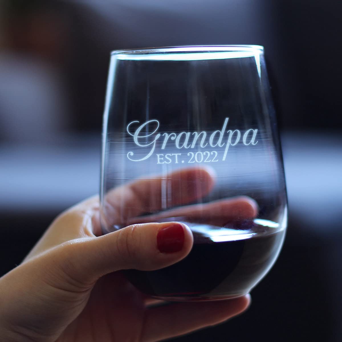 Grandpa Est 2022 - New Grandfather Stemless Wine Glass Gift for First Time Grandparents - Decorative 17 Oz Large Glasses