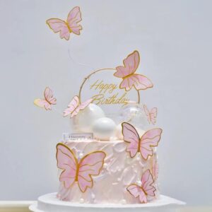 Pink Butterfly Cake Toppers, 11pcs Cupcake Toppers Happy Birthday Metal Gold Topper for Girls Women's Party Decorations