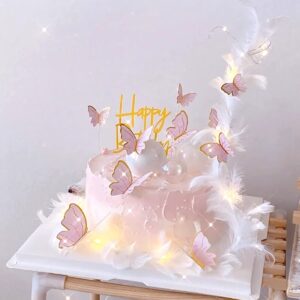 Pink Butterfly Cake Toppers, 11pcs Cupcake Toppers Happy Birthday Metal Gold Topper for Girls Women's Party Decorations