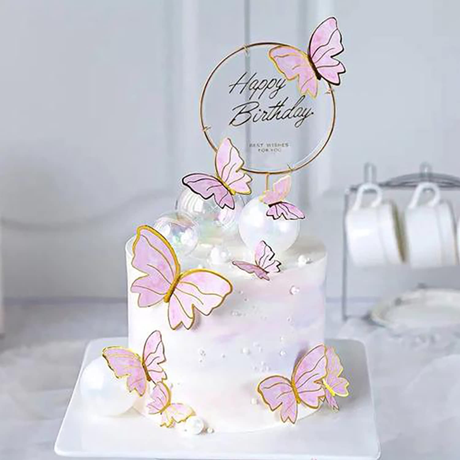 Pink Butterfly Cake Toppers, 11pcs Cupcake Toppers Happy Birthday Metal Gold Topper for Girls Women's Party Decorations