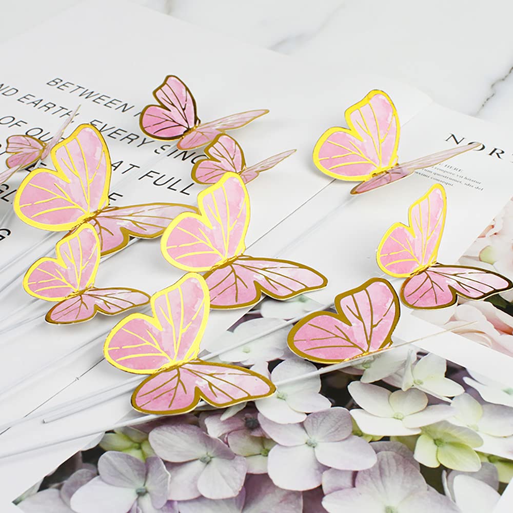 Pink Butterfly Cake Toppers, 11pcs Cupcake Toppers Happy Birthday Metal Gold Topper for Girls Women's Party Decorations