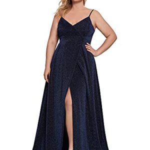 Ever-Pretty Women's Glitter Side Slit A-line Plus Size Evening Dresses for Party Navy Blue US16