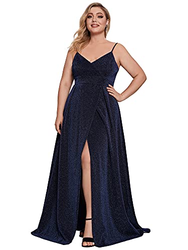 Ever-Pretty Women's Glitter Side Slit A-line Plus Size Evening Dresses for Party Navy Blue US16