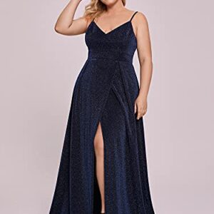 Ever-Pretty Women's Glitter Side Slit A-line Plus Size Evening Dresses for Party Navy Blue US16