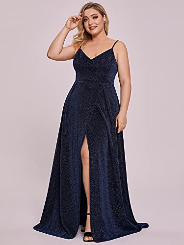 Ever-Pretty Women's Glitter Side Slit A-line Plus Size Evening Dresses for Party Navy Blue US16