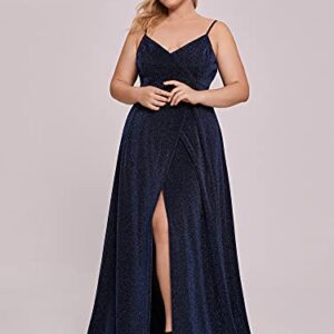 Ever-Pretty Women's Glitter Side Slit A-line Plus Size Evening Dresses for Party Navy Blue US16