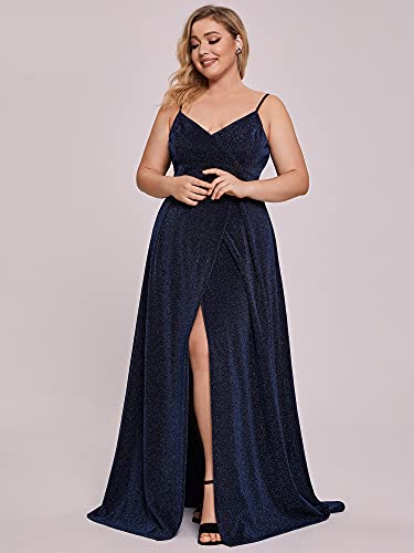 Ever-Pretty Women's Glitter Side Slit A-line Plus Size Evening Dresses for Party Navy Blue US16