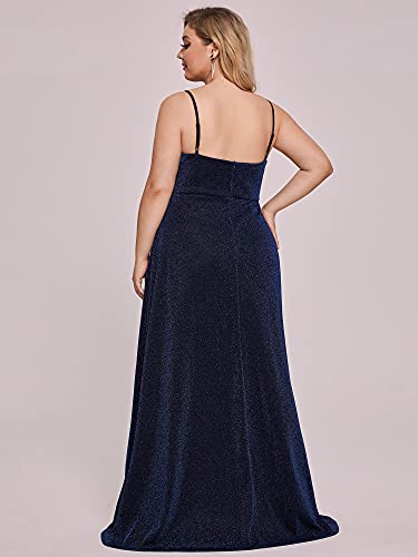 Ever-Pretty Women's Glitter Side Slit A-line Plus Size Evening Dresses for Party Navy Blue US16