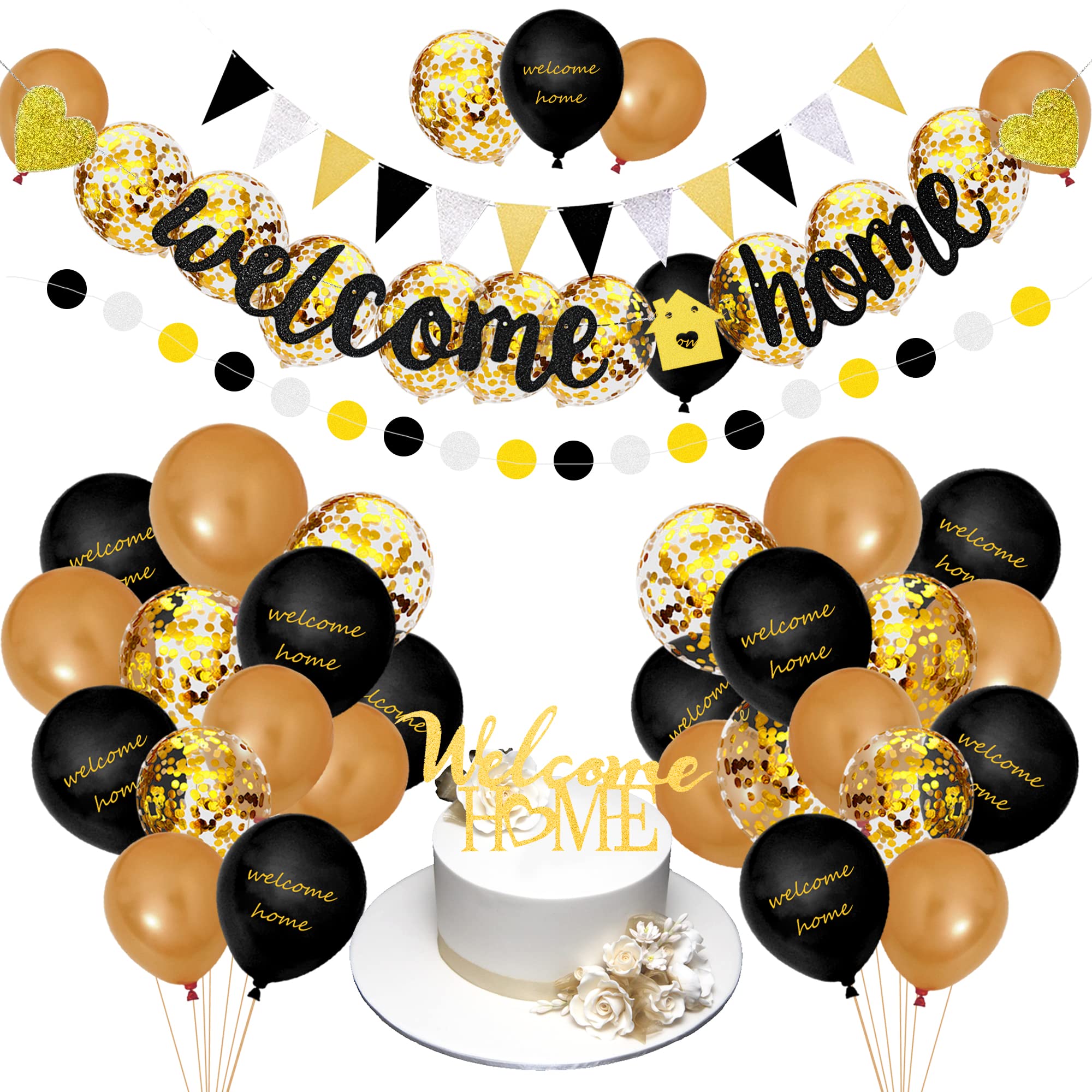 Welcome Home Banner And Cake Topper Decorations Gold Black Glitter Dot Circle Garland Triangle Flag Banner Welcome Balloons For Welcome Back Party Housewarming Party Supplies