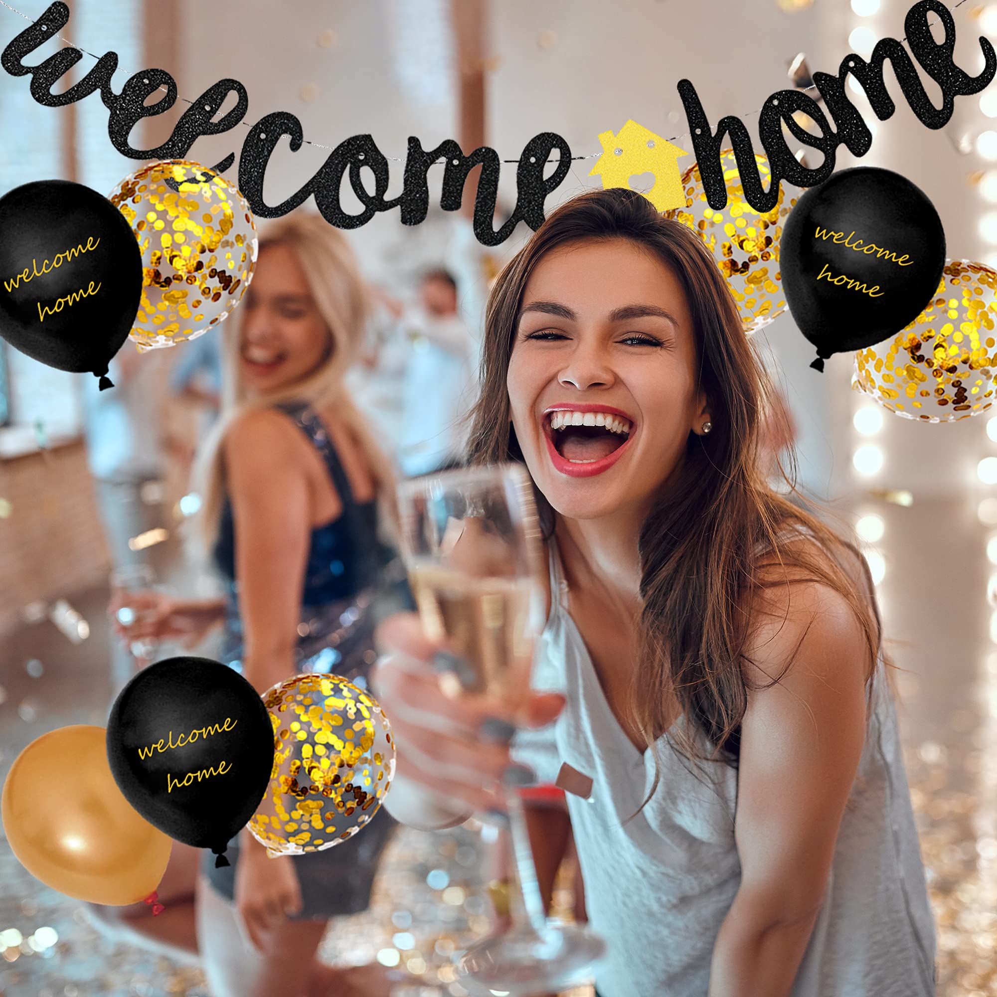 Welcome Home Banner And Cake Topper Decorations Gold Black Glitter Dot Circle Garland Triangle Flag Banner Welcome Balloons For Welcome Back Party Housewarming Party Supplies