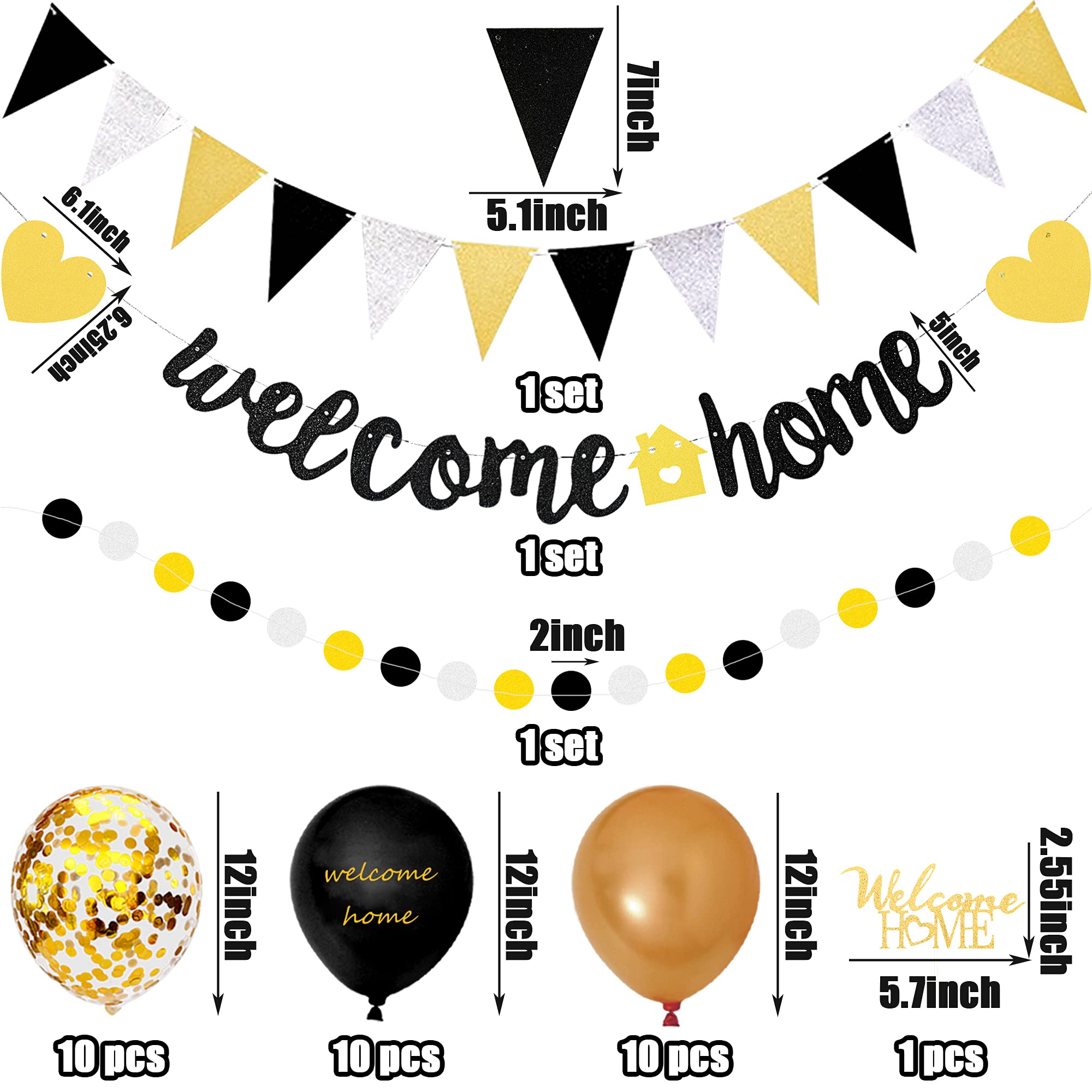 Welcome Home Banner And Cake Topper Decorations Gold Black Glitter Dot Circle Garland Triangle Flag Banner Welcome Balloons For Welcome Back Party Housewarming Party Supplies