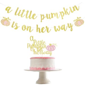 gold&pink glitter a little pumpkin is on her way banner and a little pumpkin is on her way cake topper, little pumpkin baby shower banner for little pumpkin is on her way baby shower decorations