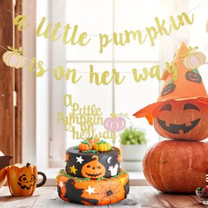 Gold&Pink Glitter A Little Pumpkin is On Her Way Banner and A Little Pumpkin is On Her Way Cake Topper, Little Pumpkin Baby Shower Banner for Little Pumpkin is On Her Way Baby Shower Decorations