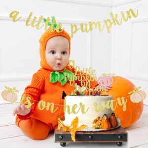 Gold&Pink Glitter A Little Pumpkin is On Her Way Banner and A Little Pumpkin is On Her Way Cake Topper, Little Pumpkin Baby Shower Banner for Little Pumpkin is On Her Way Baby Shower Decorations