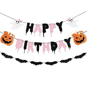 pink black halloween happy birthday banner and halloween bats garland happy birthday halloween banner for pink black girls halloween birthday decorations