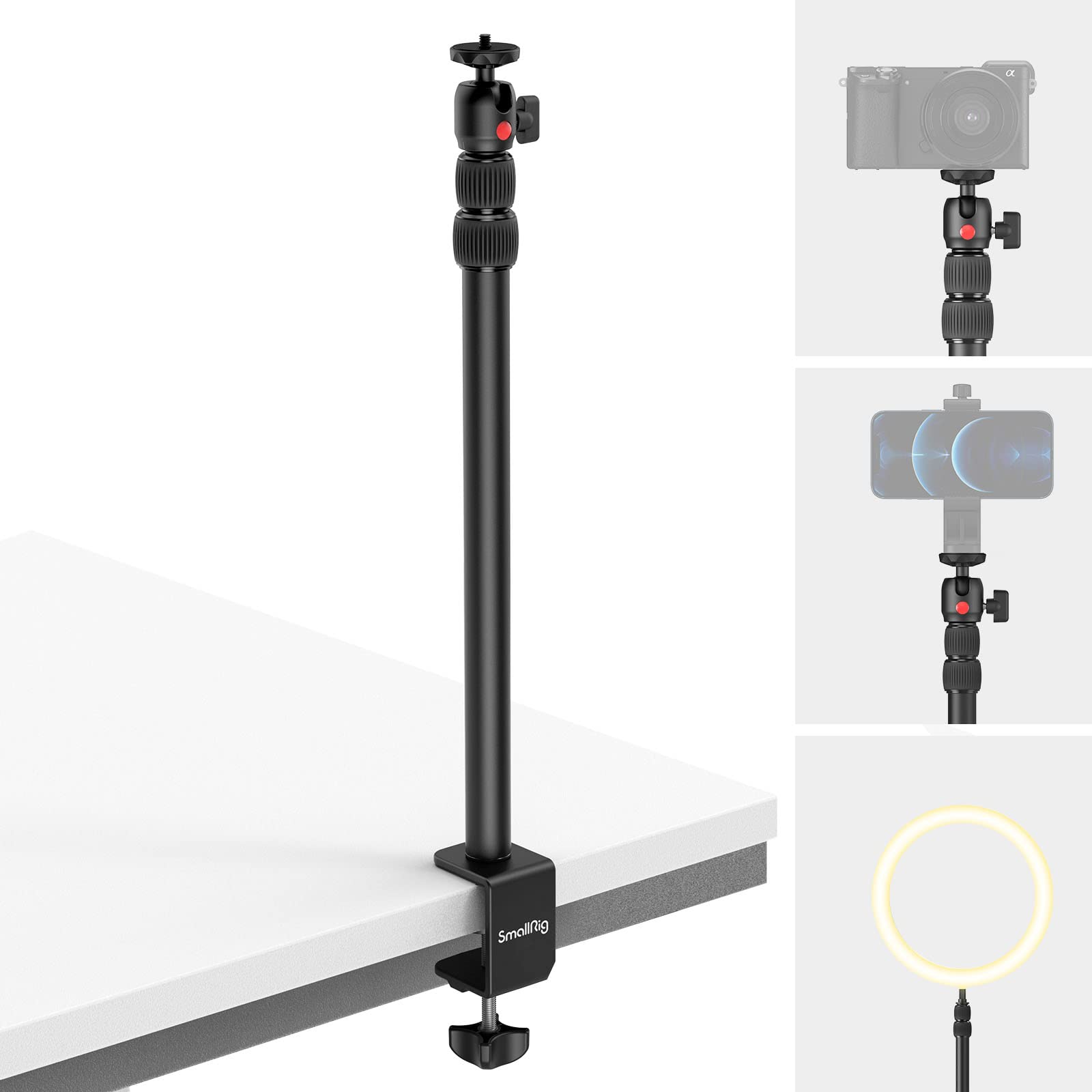 SmallRig Camera Desk Mount Table Stand 15"-35" with 1/4" Ball Head, Adjustable Light Stand, Tabletop C Clamp for DSLR Camera, Ring Light, Live Streaming, Photo Video Shooting - 3488