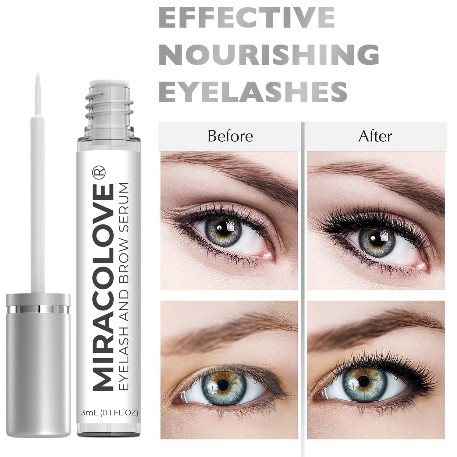 Miracolove Eyelash Serum, Lash Serum, Eyelash Growth Serum, Eyelash Serum and Eyebrow Growth Serum, Eyelash Enhancer for Longer, Thicker and Fuller Eyelash & Eyebrow, Grow Longer Fuller Eyelashes - 3mL