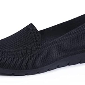 SPATI Women's Knitted Lightweight Comfortable Flat Shoes Loafers Slip On Casual Breathable Mesh Walking Round Toe (Black, Numeric_9)