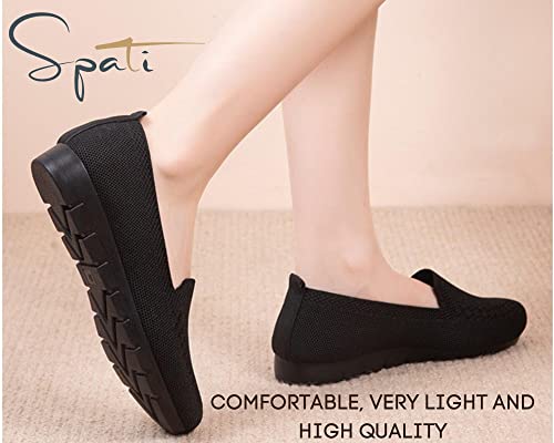 SPATI Women's Knitted Lightweight Comfortable Flat Shoes Loafers Slip On Casual Breathable Mesh Walking Round Toe (Black, Numeric_9)