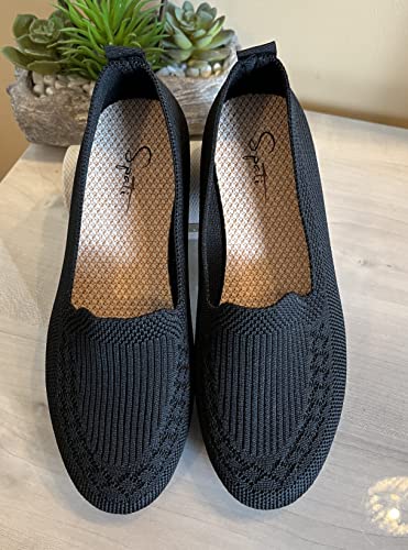 SPATI Women's Knitted Lightweight Comfortable Flat Shoes Loafers Slip On Casual Breathable Mesh Walking Round Toe (Black, Numeric_9)