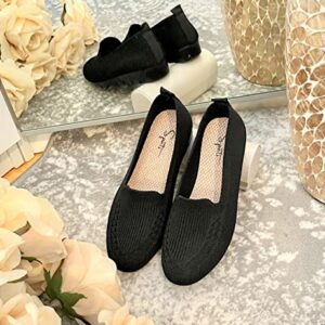 SPATI Women's Knitted Lightweight Comfortable Flat Shoes Loafers Slip On Casual Breathable Mesh Walking Round Toe (Black, Numeric_9)