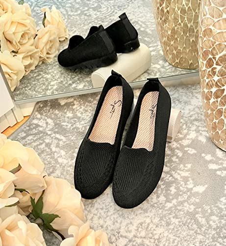 SPATI Women's Knitted Lightweight Comfortable Flat Shoes Loafers Slip On Casual Breathable Mesh Walking Round Toe (Black, Numeric_9)