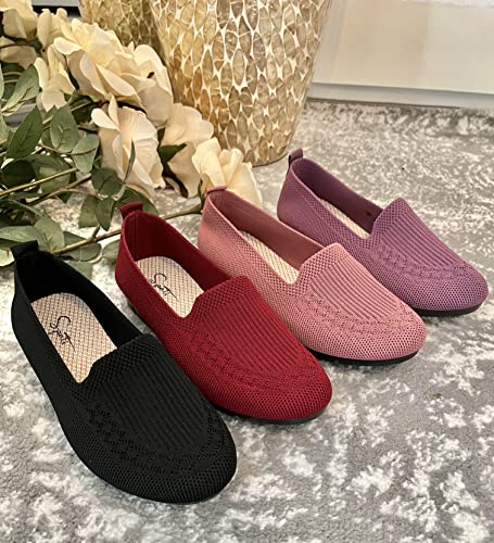 SPATI Women's Knitted Lightweight Comfortable Flat Shoes Loafers Slip On Casual Breathable Mesh Walking Round Toe (Black, Numeric_9)