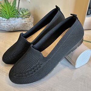 SPATI Women's Knitted Lightweight Comfortable Flat Shoes Loafers Slip On Casual Breathable Mesh Walking Round Toe (Black, Numeric_9)