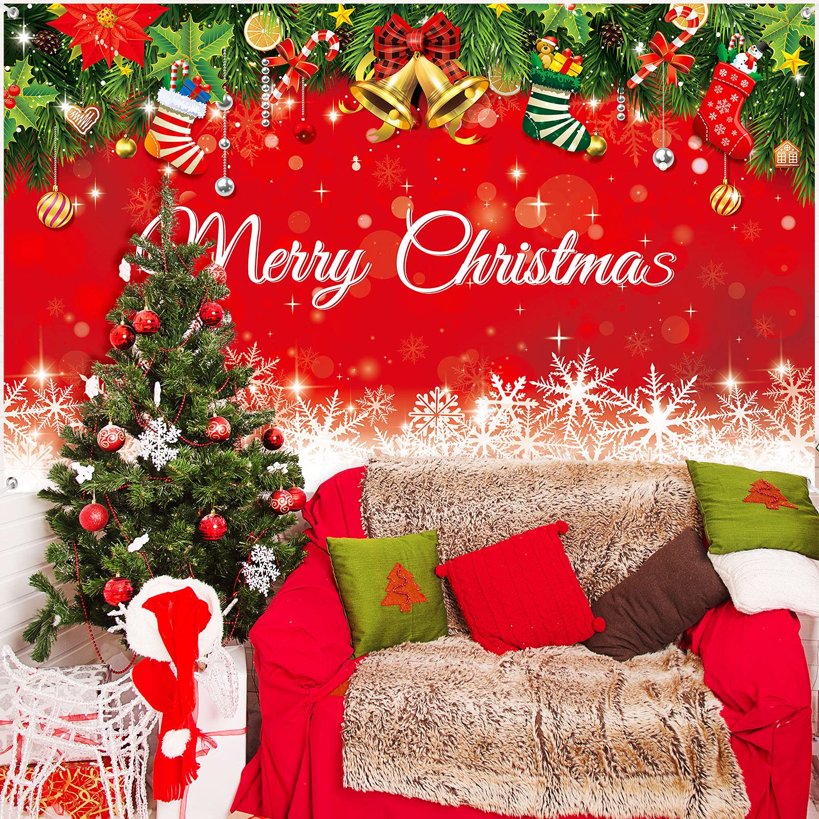 Christmas Backdrop Merry Christmas Party Decoration Christmas Photo Banner Signs Xmas Photography Background Photo Props for Winter New Year Xmas Eve Family Party Decoration Supplies (Snowflake)