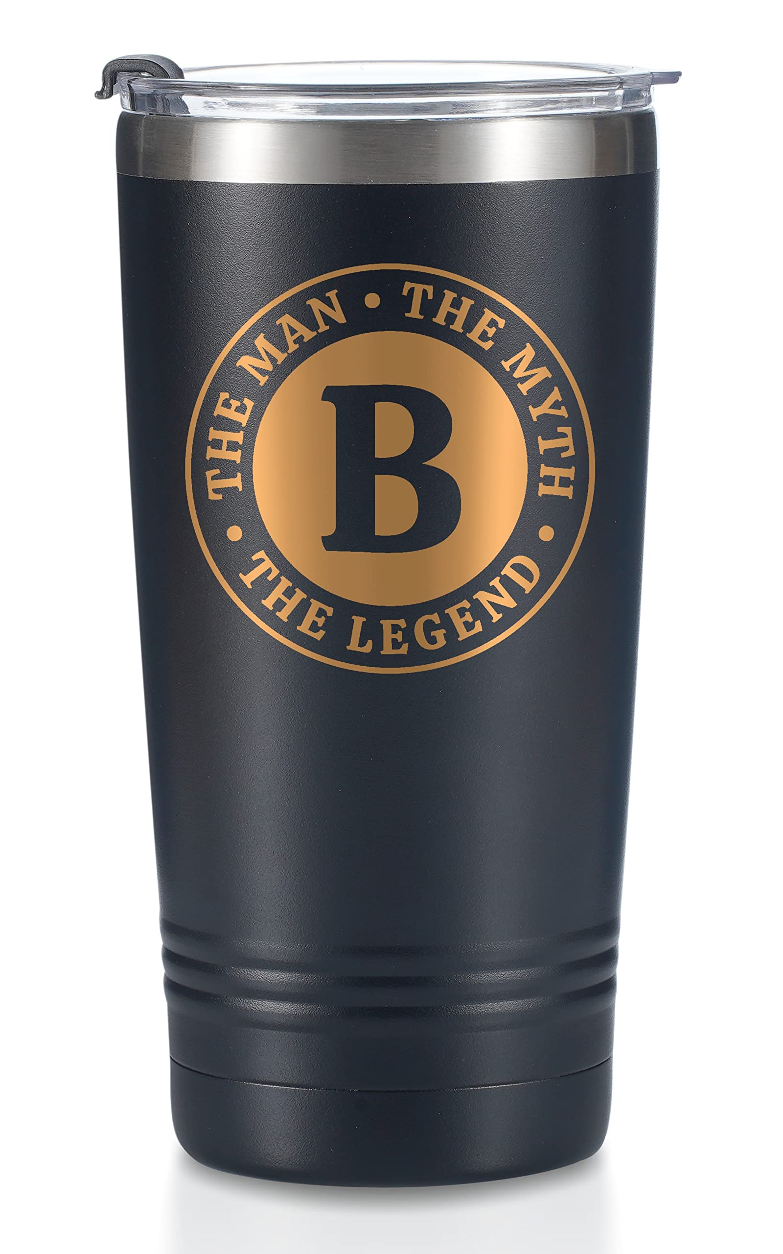 the Man the Myth the Legend Mug with Initials, Monogrammed Stainless Steel Travel Tumbler for Men, Funny Personalized Coffee Cup, Custom Beer Glass, Unique Birthday Christmas Gifts for Him, 20 oz, J