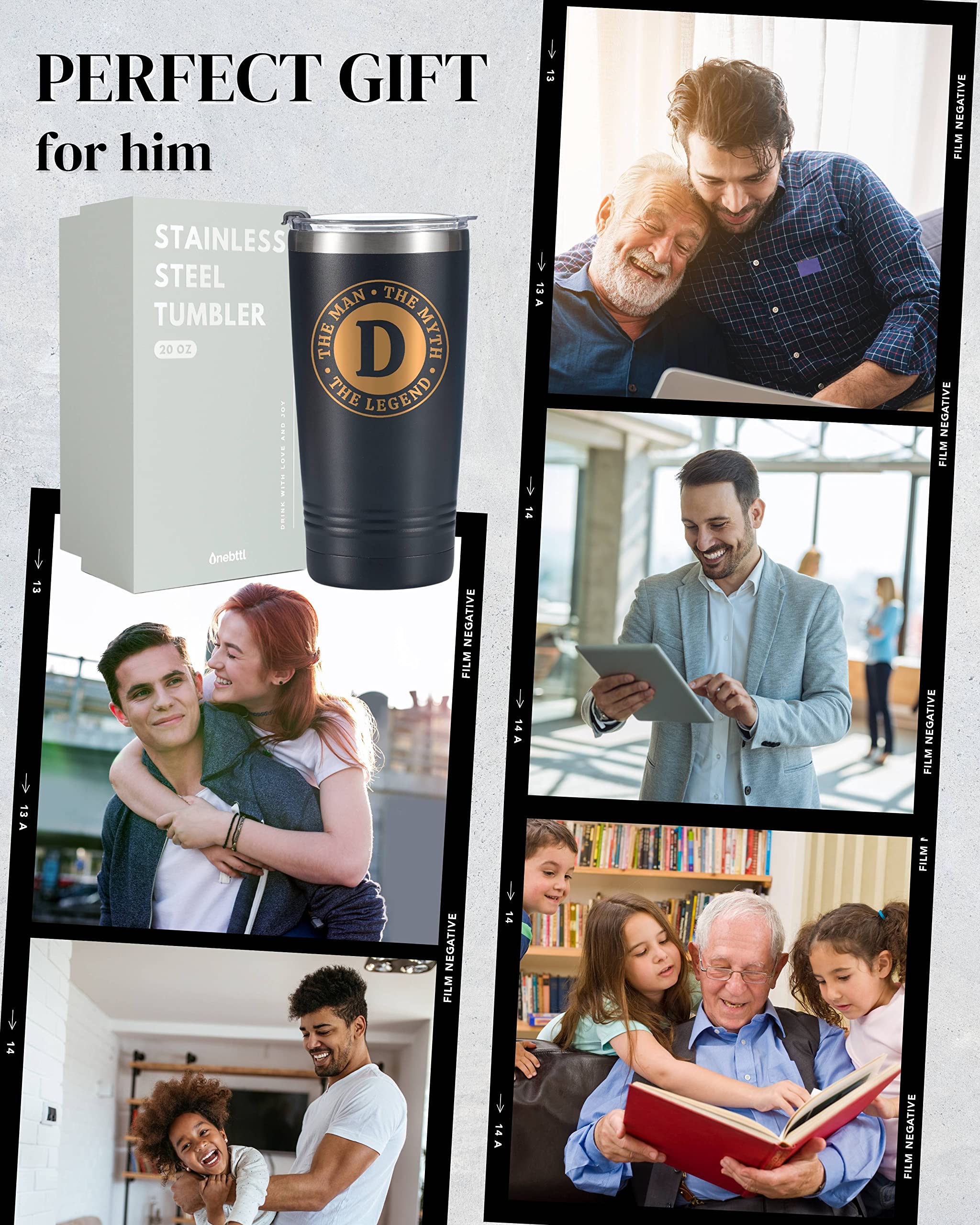 the Man the Myth the Legend Mug with Initials, Monogrammed Stainless Steel Travel Tumbler for Men, Funny Personalized Coffee Cup, Custom Beer Glass, Unique Birthday Christmas Gifts for Him, 20 oz, J