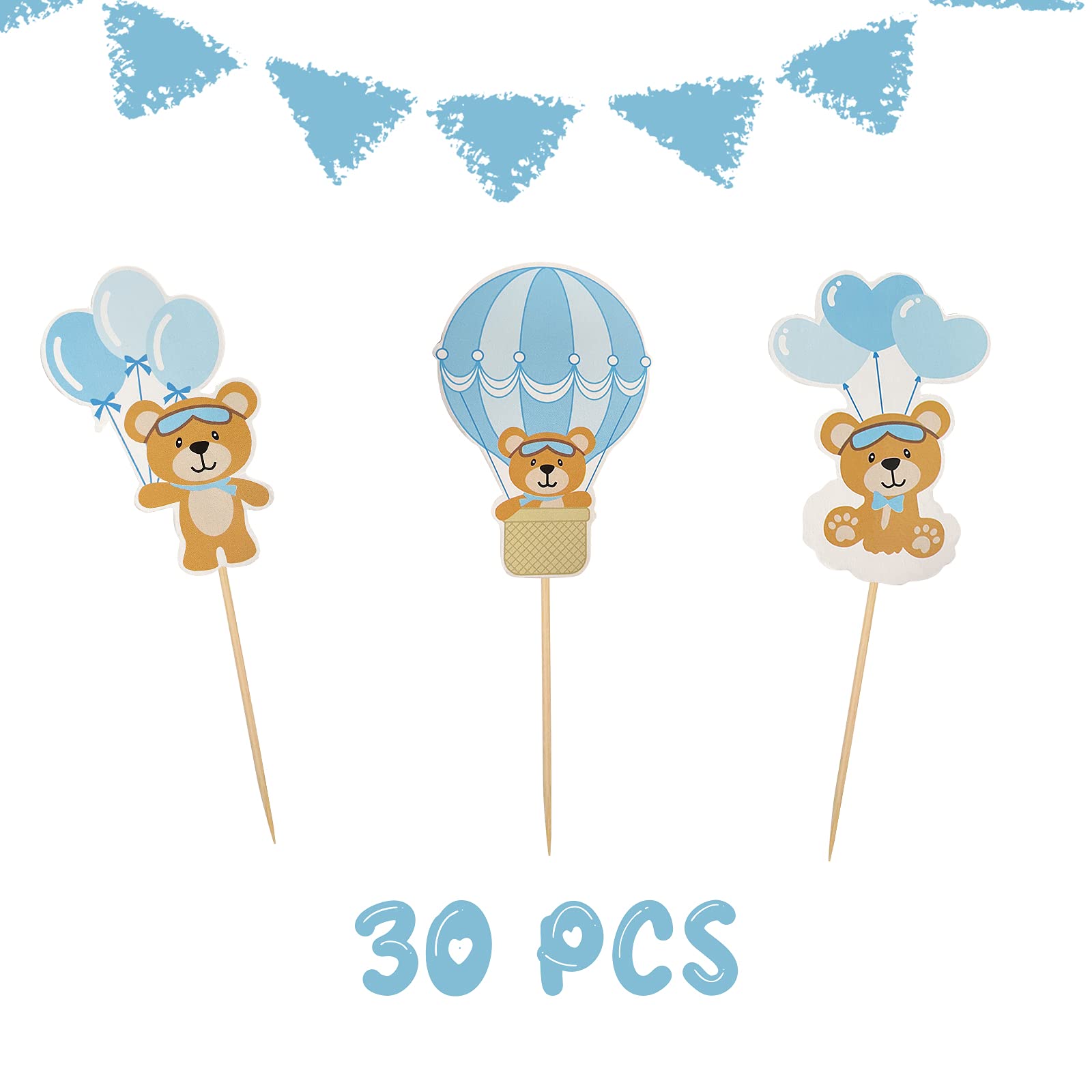 Hot Air Balloon Pilot Bear Cupcake Cake Toppers Aviator Fly Baby Shower Birthday Party Decorations Supplies (Hot Air Balloon Pilot Bea)