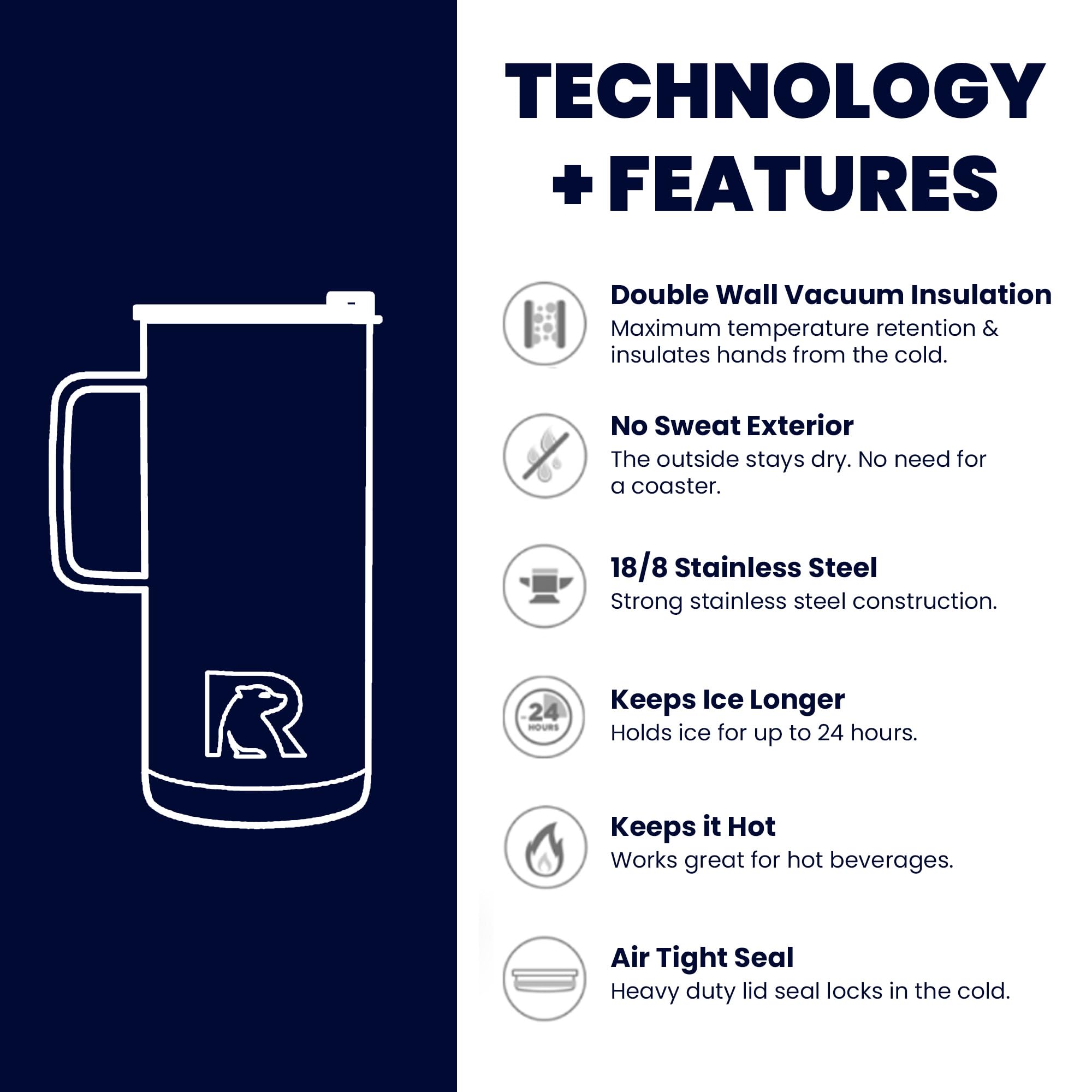 RTIC 16 oz Coffee Travel Mug with Lid and Handle, Stainless Steel Vacuum-Insulated Mugs, Leak, Spill Proof, Hot Beverage and Cold, Portable Thermal Tumbler Cup for Car, Camping, Coral