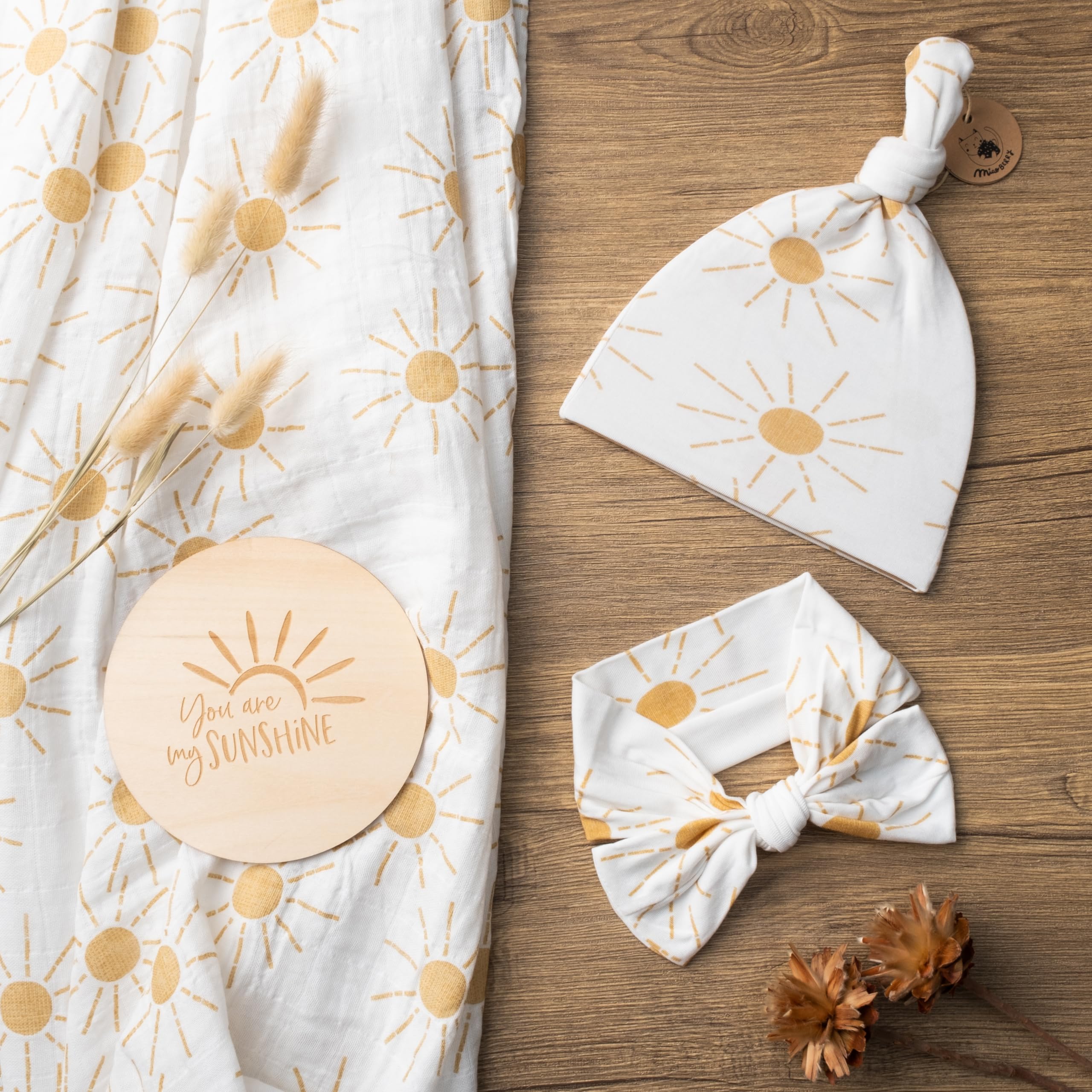 Miaoberry 100% Organic Cotton Baby Muslin Swaddle Blanket Set| Golden Boho Sunrays| Gender Neutral for Boys Girls|Yellow Mustard Orange Sun Rays| Hospital Newborn Receiving Blanket