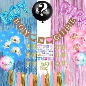 gender reveal party supplies,105 pcs gender reveal decorations, boy or girl foil balloons, tablecloth, photo props, toppers, banner, foil curtains, team stickers, ideas for baby shower