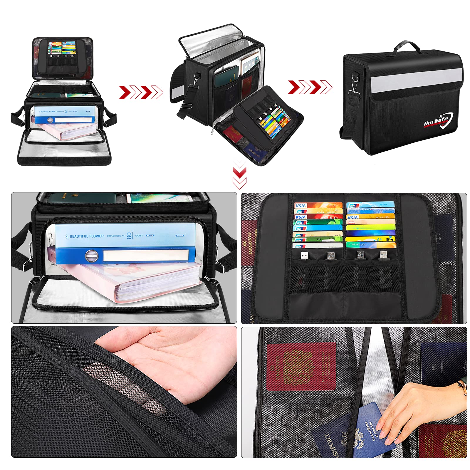 DocSafe Fireproof Document Bag with Multiple Pockets,5200°F Large (17”x12.5”x7.2”) File Organizer Fireproof Waterproof Bag Important Document Holder Home Office Portable Filing Storage for Valuables