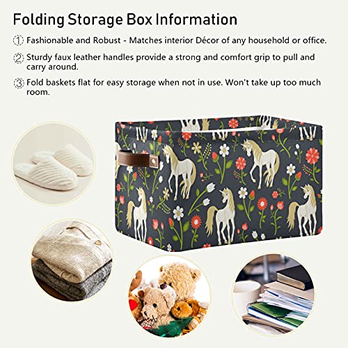 KLL Storage Bins Large Foldable Floral Pattern with Magic Unicorns Storage Basket with Leather Handles for Home Office Closet or Shelves