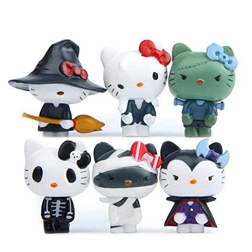 6 Pcs Cute Animal Cat Characters Toys Halloween Cat Figures Toy Set Mini Figure Collection Playset, Cake Topper, Plant, Automobile Decoration