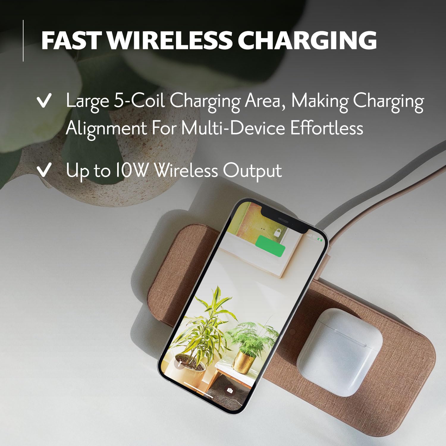 Courant Catch:2 - Belgian Linen Dual Wireless Charging Pad - Compatible with iPhone 11, X, SE, Galaxy S23, S22, S21, S20, Note, AirPods/Pro (Natural)