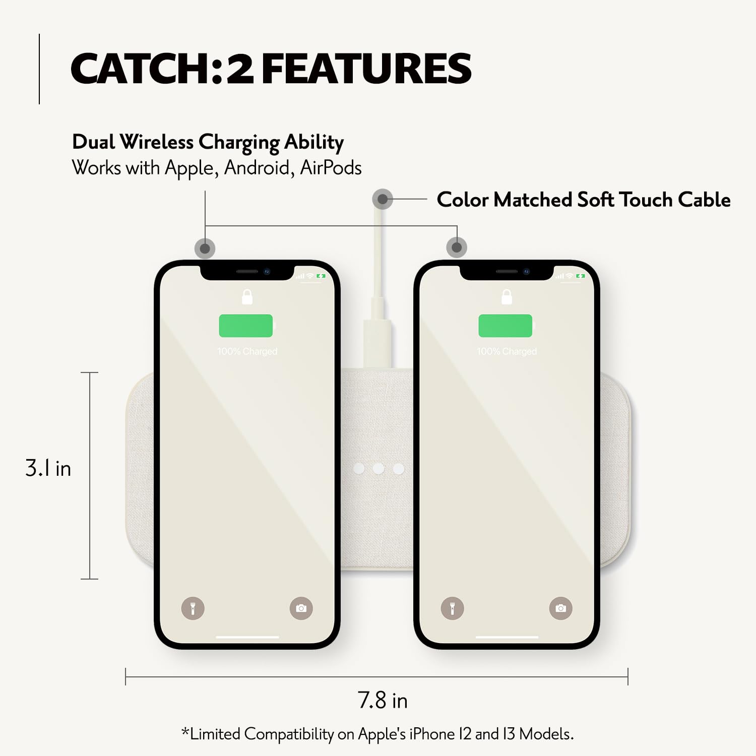 Courant Catch:2 - Belgian Linen Dual Wireless Charging Pad - Compatible with iPhone 11, X, SE, Galaxy S23, S22, S21, S20, Note, AirPods/Pro (Natural)