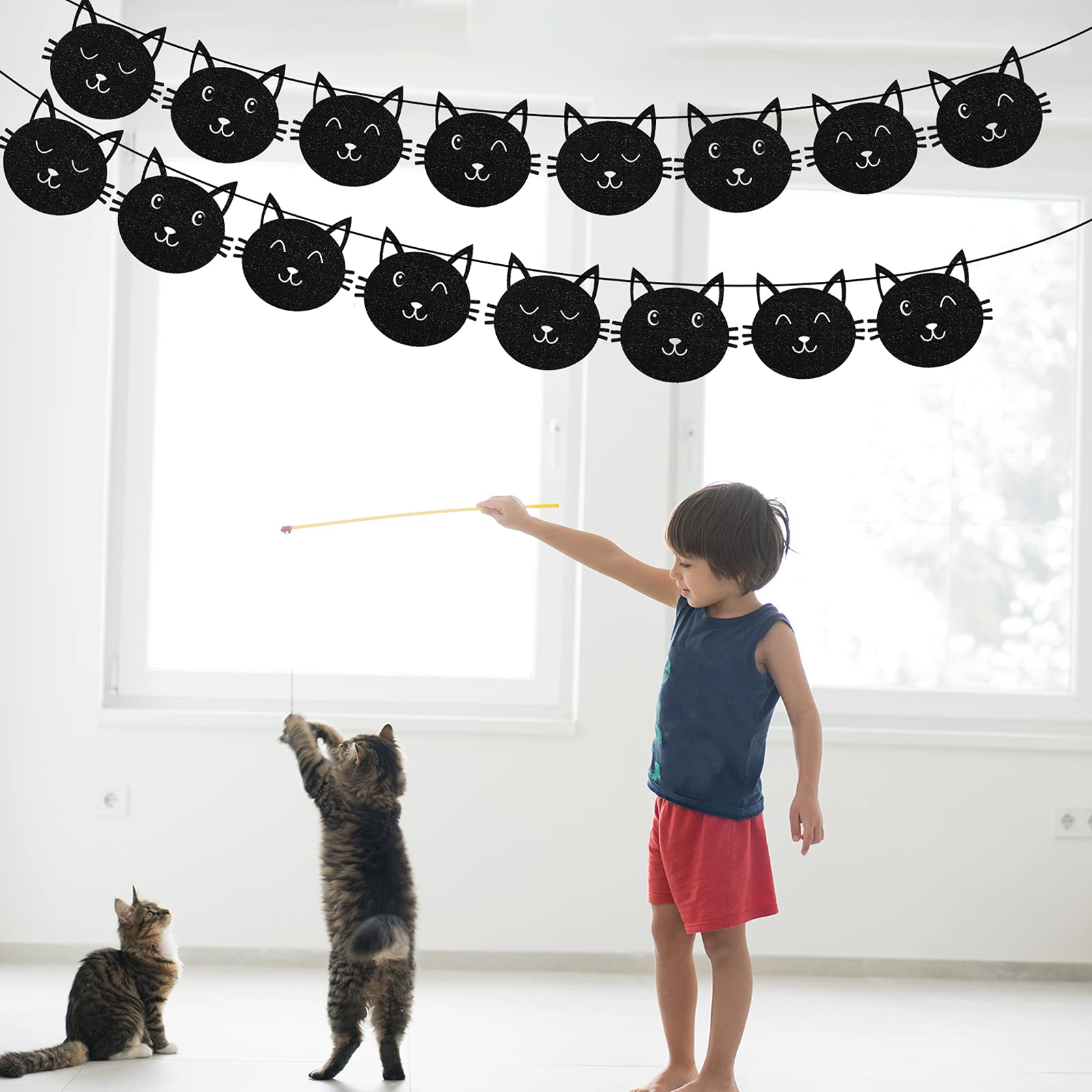 32 Pieces Black Cat Birthday Party Decoration Meow Banner Black Glitter Kitty Garland for Boys Girls Cat Meow Birthday Party Supplies