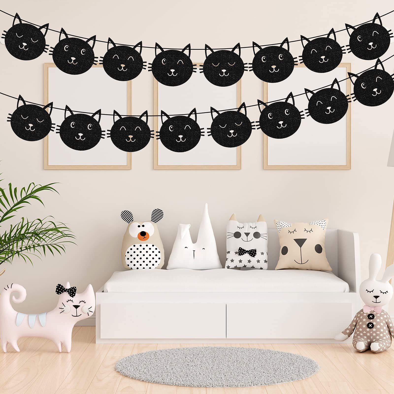 32 Pieces Black Cat Birthday Party Decoration Meow Banner Black Glitter Kitty Garland for Boys Girls Cat Meow Birthday Party Supplies