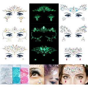 face gems 6sheets face jewels stick on rhinestones stickers 30g chunky glitter, gemstones temporary tattoo gifts for women, festival rave outfit euphoria accessories (3luminous)