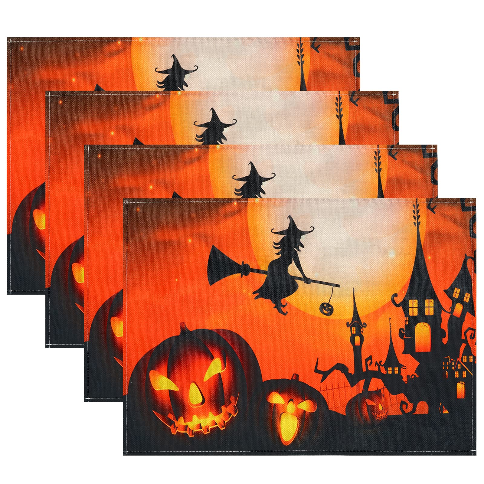 4 Pack Halloween Placemats Set Witch Pumpkin Washable Table Place Mats Trick Or Treat Autumn Table Mats for Dining Home Table Kitchen Halloween Decoration