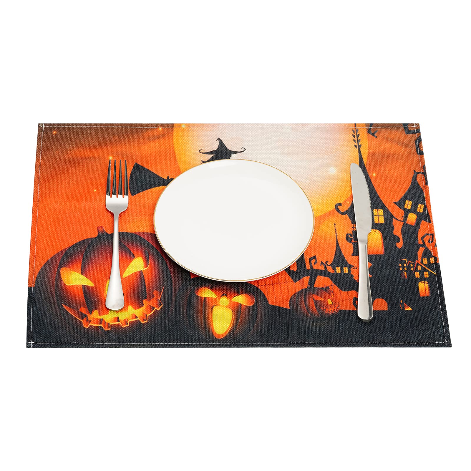 4 Pack Halloween Placemats Set Witch Pumpkin Washable Table Place Mats Trick Or Treat Autumn Table Mats for Dining Home Table Kitchen Halloween Decoration