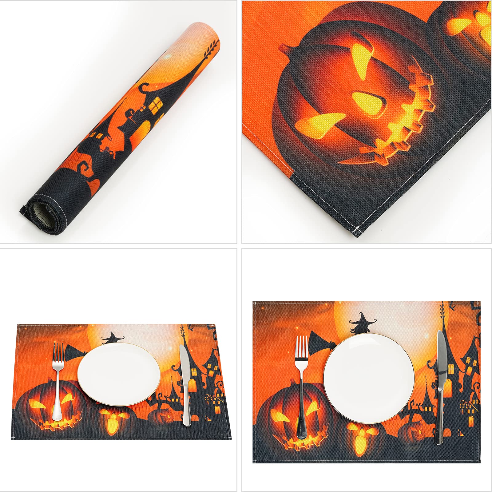 4 Pack Halloween Placemats Set Witch Pumpkin Washable Table Place Mats Trick Or Treat Autumn Table Mats for Dining Home Table Kitchen Halloween Decoration