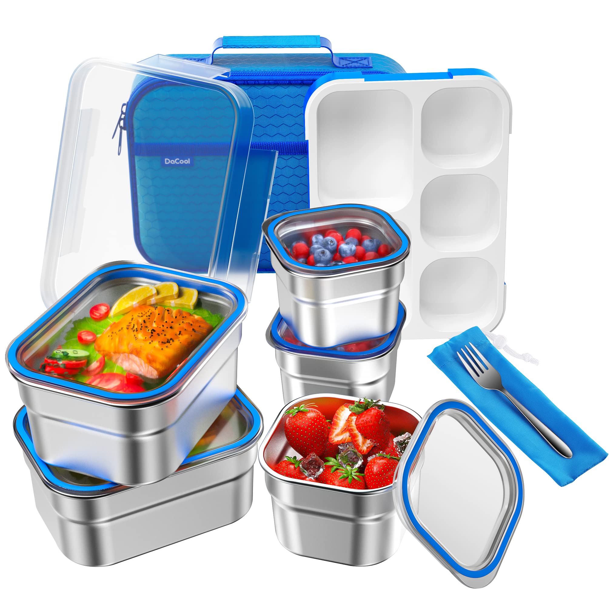 Lunch Box Stainless Steel Bento for Kids Adults Leakproof BPA-Free with Lunch Bag Metal Lunch Containers Tray 5-Compartment with Fork for Boy Food Snack Containers for School Outdoors Navy-Blue