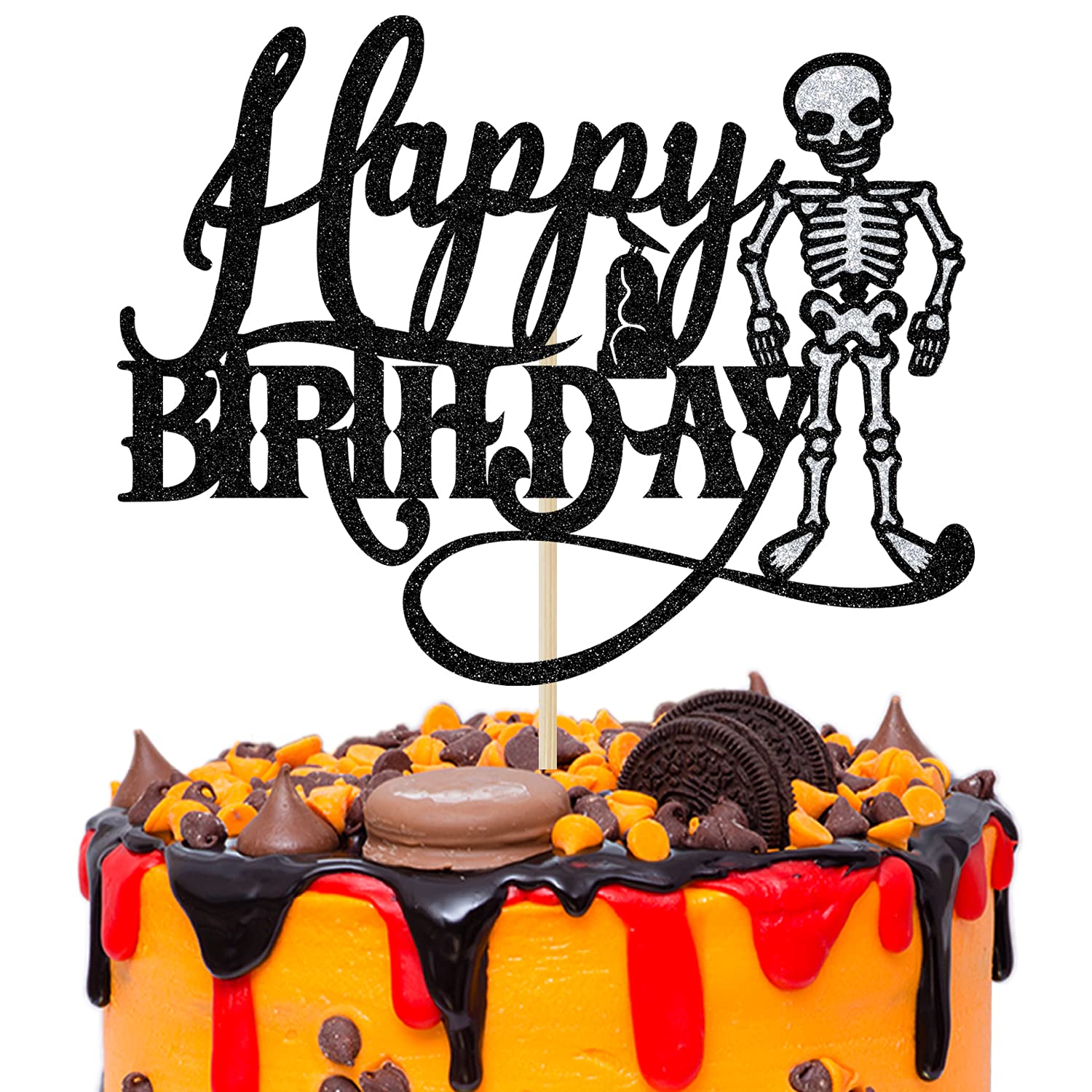 Black Glitter Skeleton Happy Birthday Cake Topper, Skull Spooky Birthday Party Décor, Halloween Theme Birthday Party Decoration Supplies