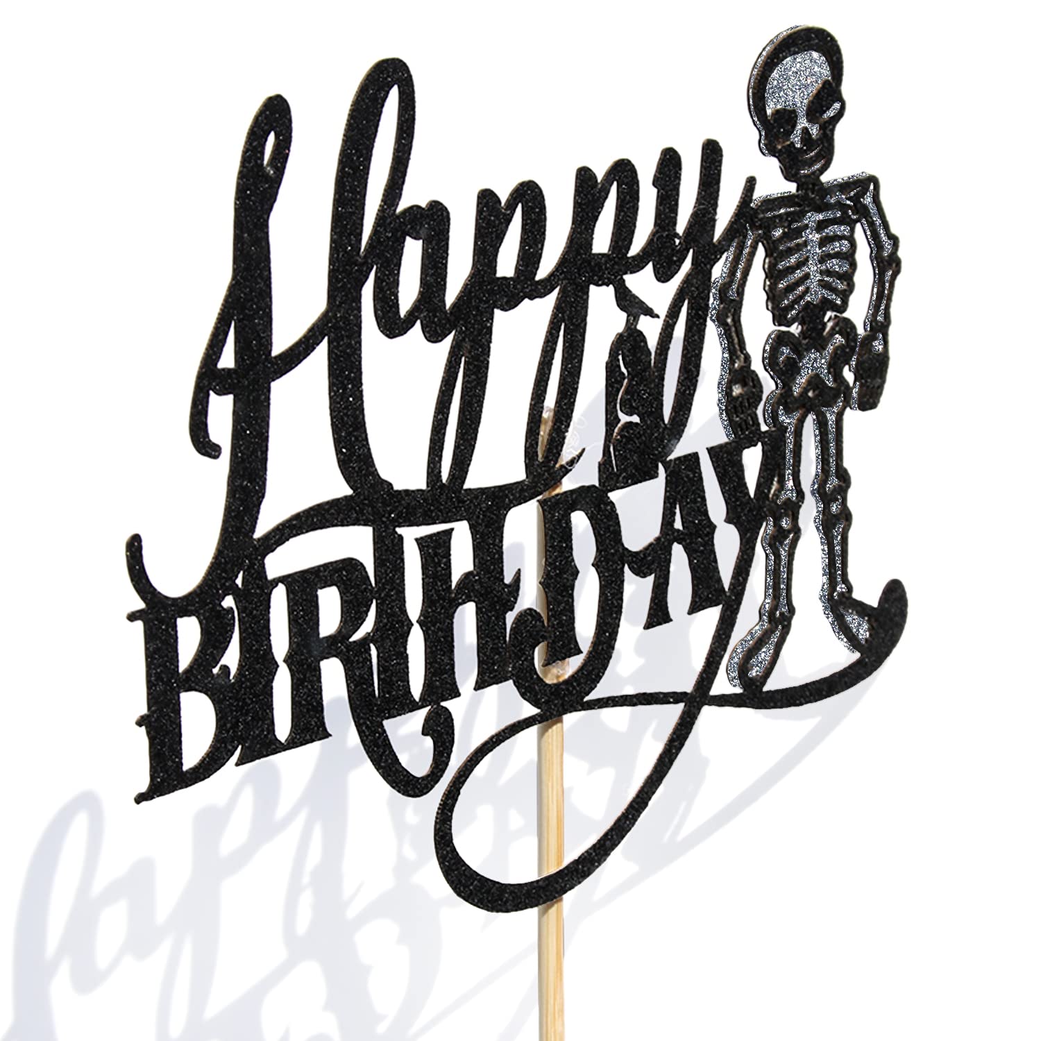 Black Glitter Skeleton Happy Birthday Cake Topper, Skull Spooky Birthday Party Décor, Halloween Theme Birthday Party Decoration Supplies