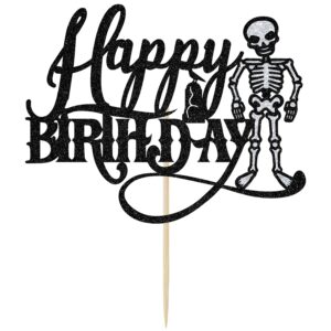 Black Glitter Skeleton Happy Birthday Cake Topper, Skull Spooky Birthday Party Décor, Halloween Theme Birthday Party Decoration Supplies